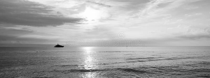 Panorama View Of Sunset Sky In Summer Vacation Skyscape With Ship On