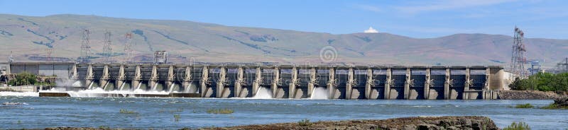Panorama of Water Flowing through the Dalles Dam at the Dalles, Oregon ...