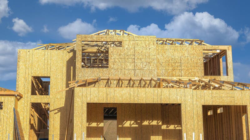 Panorama White Puffy Clouds Unfinished House Structure with Timber ...
