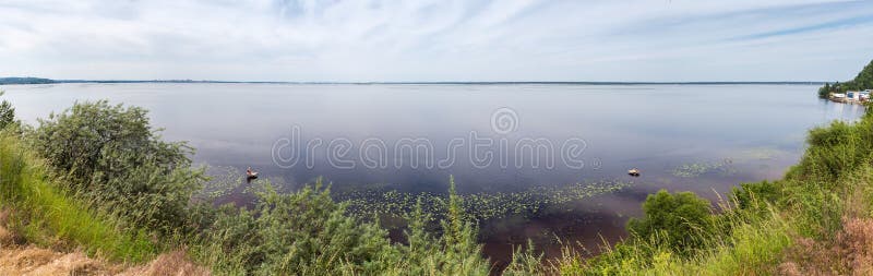 Panorama of Wide Plain River from High Bank in Summer Stock Photo ...