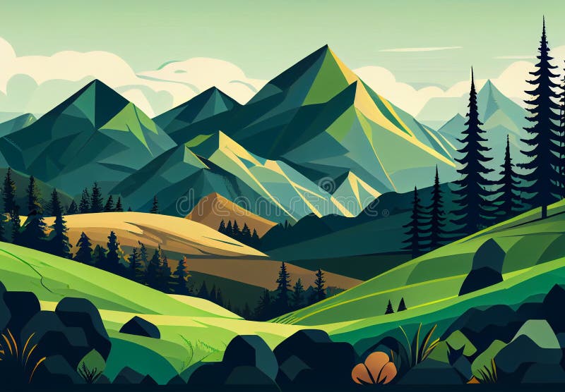 Panoramic Abstract Mountain Scenery in Flat Style. Natural Wallpaper ...