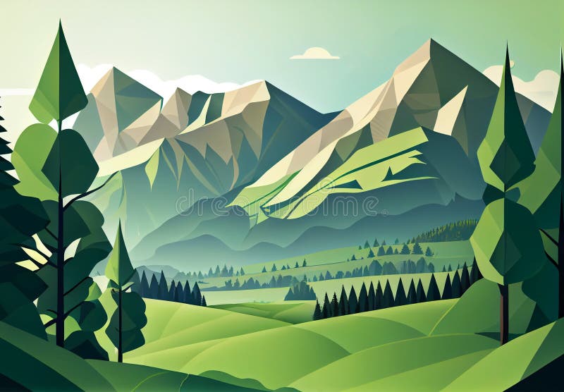 Panoramic Abstract Mountain Scenery in Flat Style. Natural Wallpaper ...