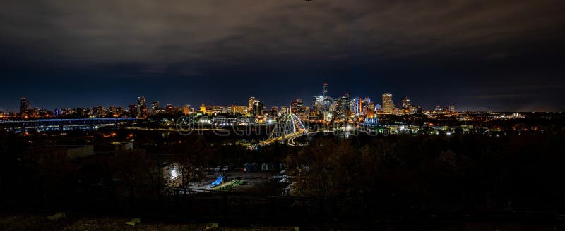 Panoramic Aerial Night View of the Illuminated City Skyline of Edmonton ...