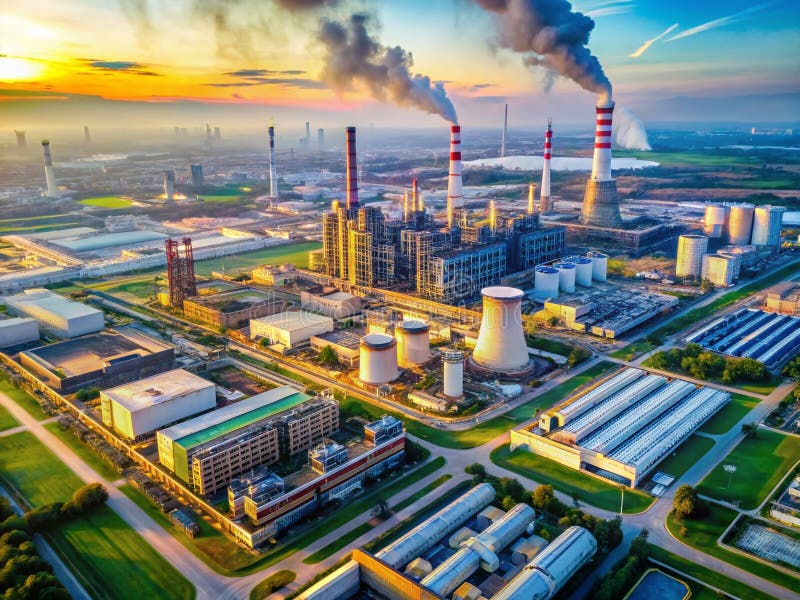 Panoramic Aerial Perspective of a Modern Industrial Complex Factories ...