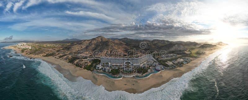 Panoramic Aerial View of a Blue Ocean with Resort Buildings on the ...