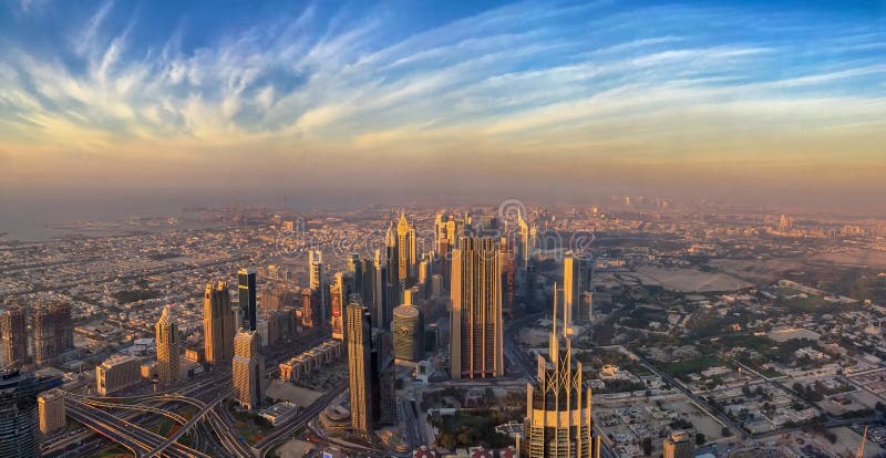 Panoramic Aerial View of Dubai at Sunset, UAE Stock Photo - Image of ...