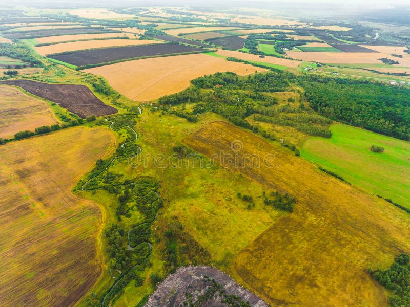 Panoramic Aerial View of Fields, Road and River. Bird`s-eye View of the ...