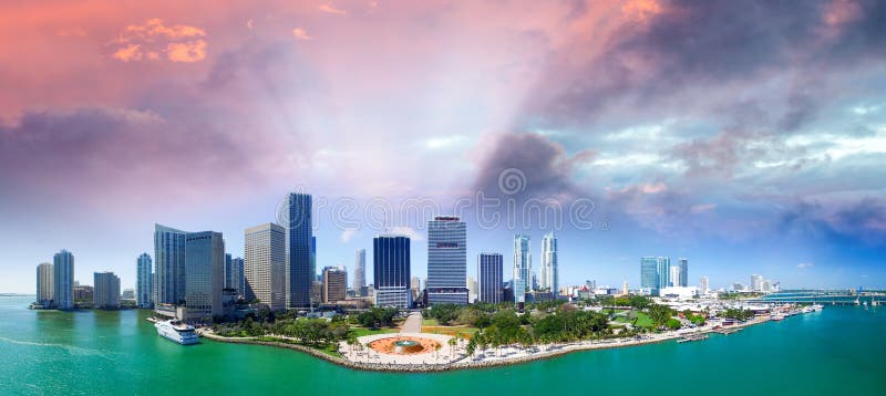 Panoramic Aerial View of Miami Downtown at Sunset. Buildings and Stock ...