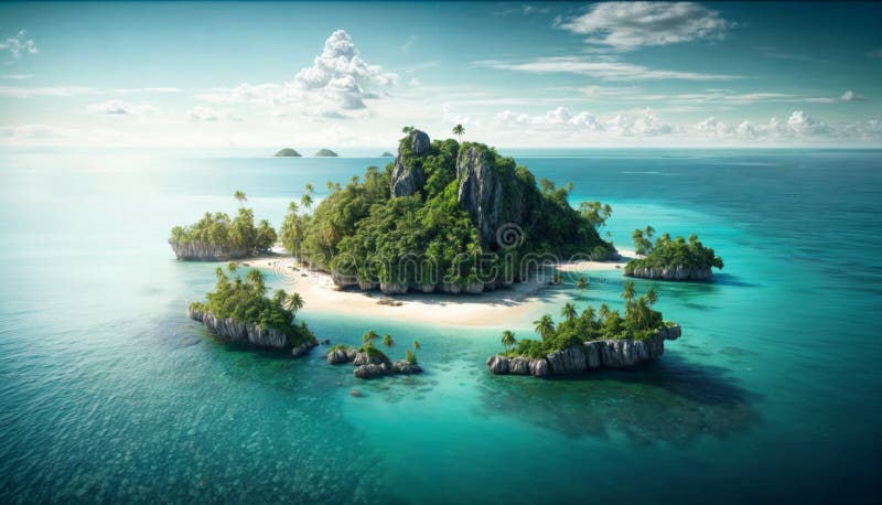 Panoramic Aerial View of a Small Island in the Ocean Stock Illustration ...