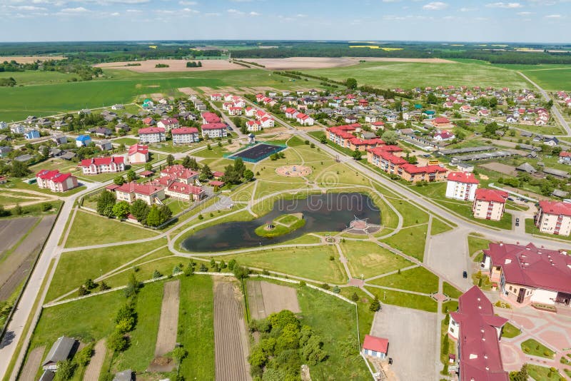 Panoramic Aerial View of a Small Urban-type Settlement with Red Roofs ...