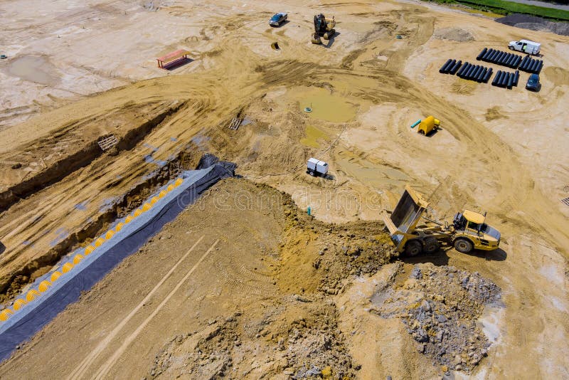 Panoramic Aerial View of Work Preparing Ground Under Construction in ...