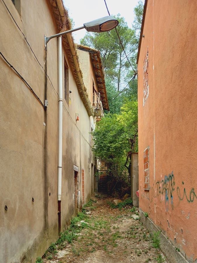 Panoramic of Alley in Old Medieval Town. Abandoned Rural Corner ...