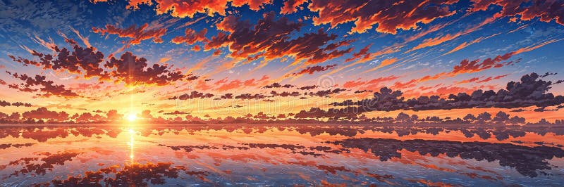 Panoramic Anime Sunset Over the Ocean with Clouds Reflecting Vibrant ...