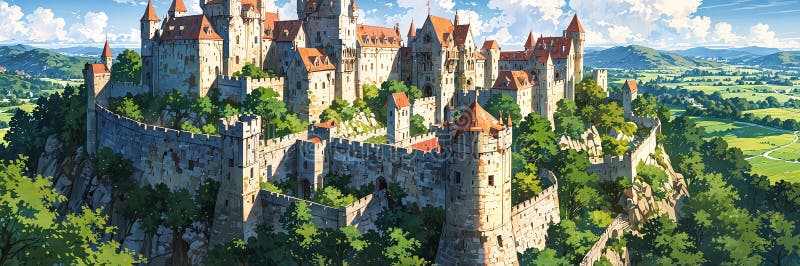 Panoramic Anime View of Sprawling Medieval Castle Surrounded by Forests ...