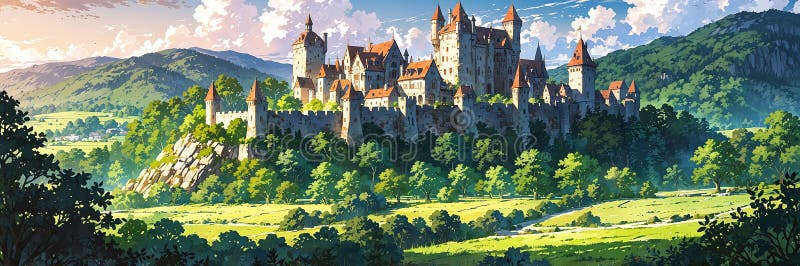 Panoramic Anime View of Sprawling Medieval Castle Surrounded by Forests ...