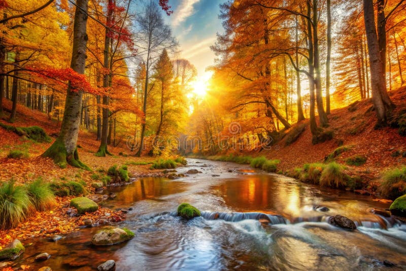 Panoramic Autumn Landscape with Forest Stream Stock Illustration ...