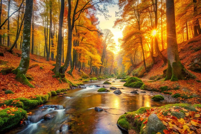 Panoramic Autumn Landscape with Forest Stream Stock Illustration ...