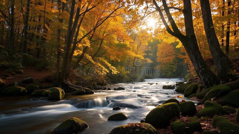 Panoramic Autumn Landscape with Forest Stream on Sunny Fall Day. Stock ...