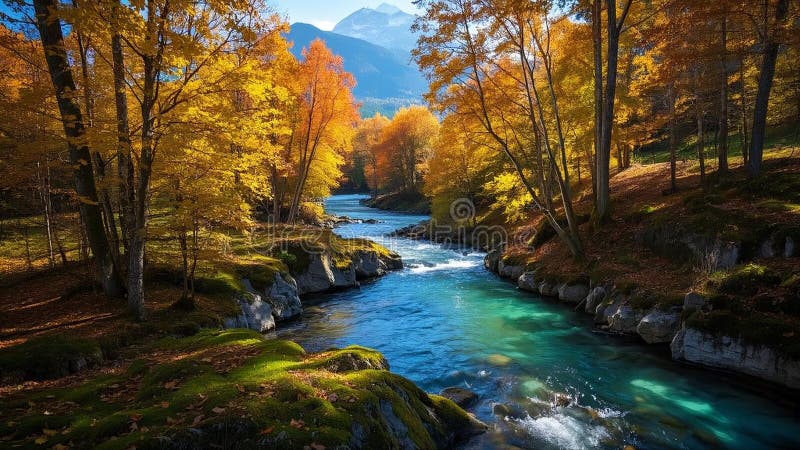 Panoramic Autumn Landscape with Forest Stream on Sunny Fall Day. Stock Illustration ...