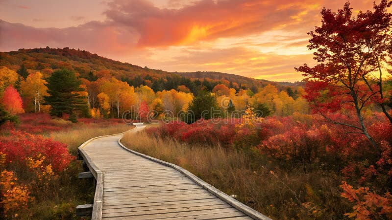 Panoramic Autumn Landscape with Wooden Path at Sunset Stock ...