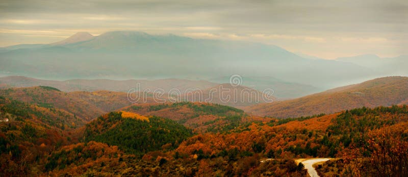 Panoramic autumn scenery stock image. Image of dawn, haze - 22367527
