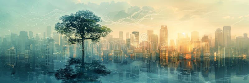 Panoramic Banner of Double Exposure Cityscape with Green Forest Stock ...