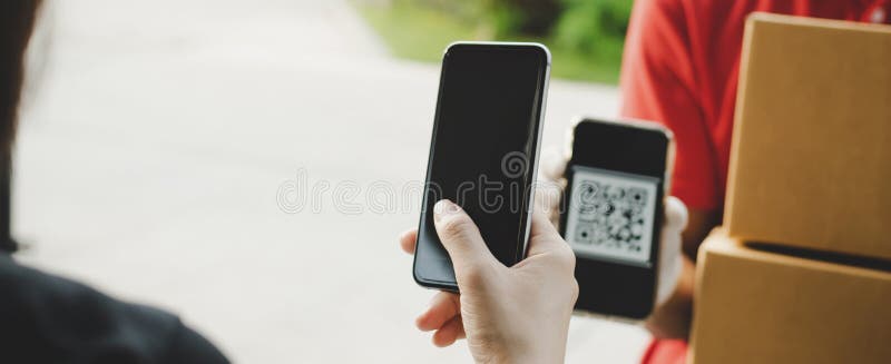 Panoramic Banner. Hand Using Digital Mobile Phone Scan QR Code Paying ...