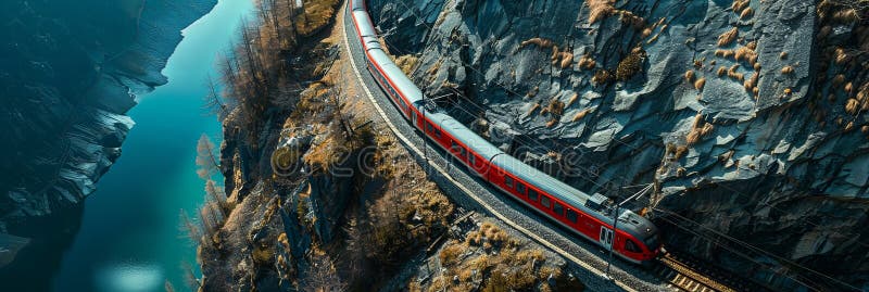 Panoramic Banner Header of Train Going on Railroad through Mountains ...
