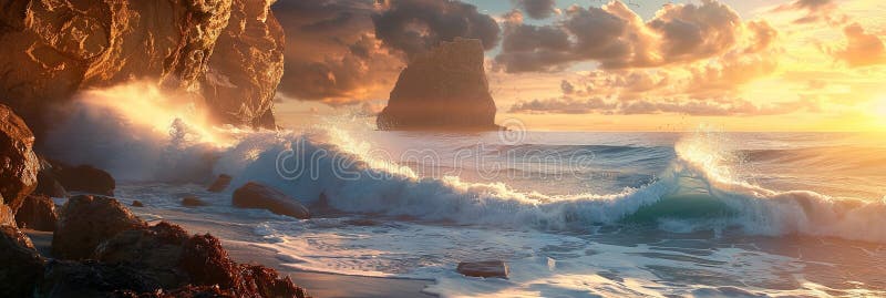 Panoramic Banner of Rough Ocean Waves Hitting Cliff Rock on Shoreline ...