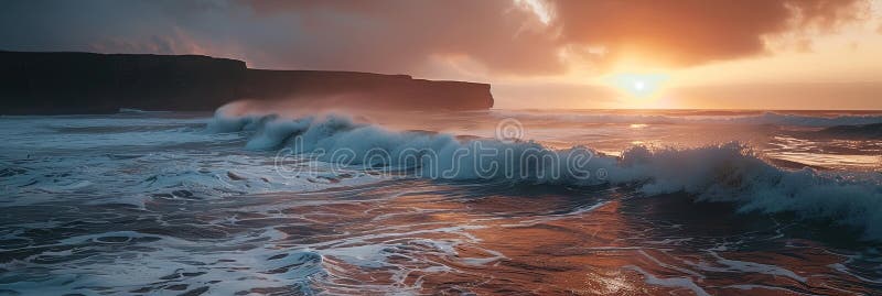 Panoramic Banner of Rough Ocean Waves Hitting Cliff Rock on Shoreline ...