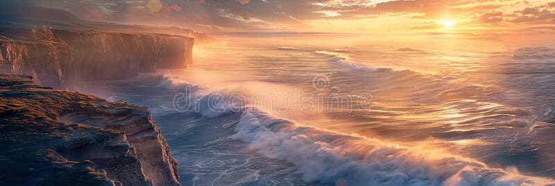 Panoramic Banner of Rough Ocean Waves Hitting Cliff Rock on Shoreline ...