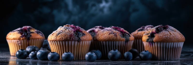 Panoramic Banner with Row of Blueberry Muffins on Dark Background, AI ...