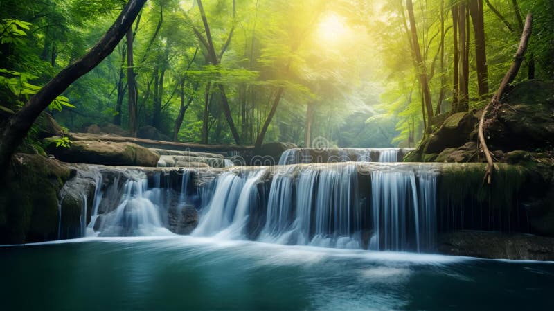 Panoramic Beautiful Deep Forest Waterfall. AI Generative Stock ...