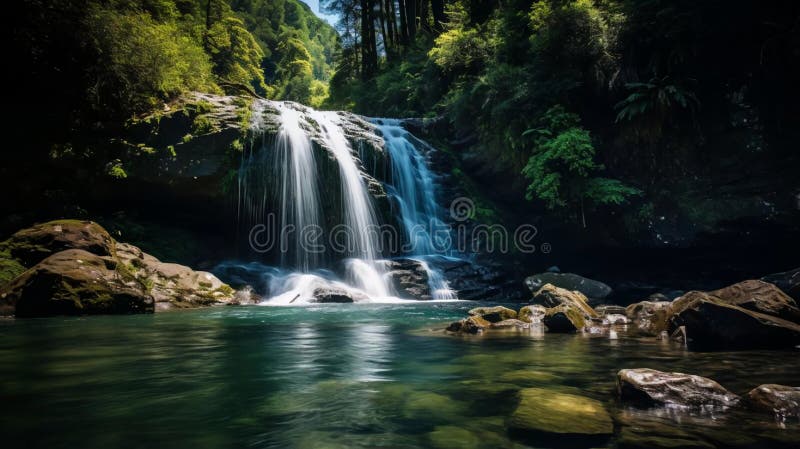 Panoramic Beautiful Deep Forest Waterfall. AI Generative Stock ...