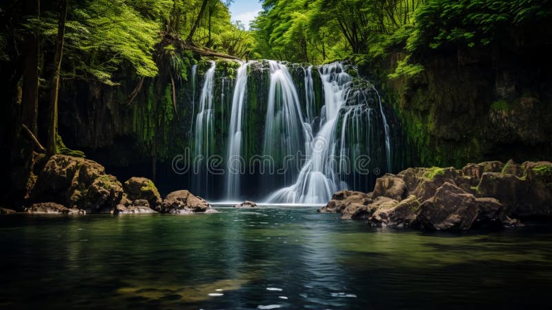 Panoramic Beautiful Deep Forest Waterfall. AI Generative Stock ...