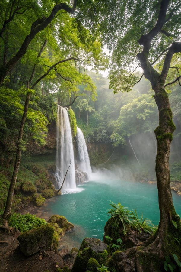 Panoramic Beautiful Deep Forest Waterfall in Thailand Stock ...