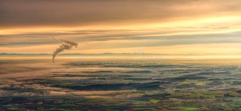Panoramic Birds-eye View of a Countryside Under the Dark Sky at Sunset ...