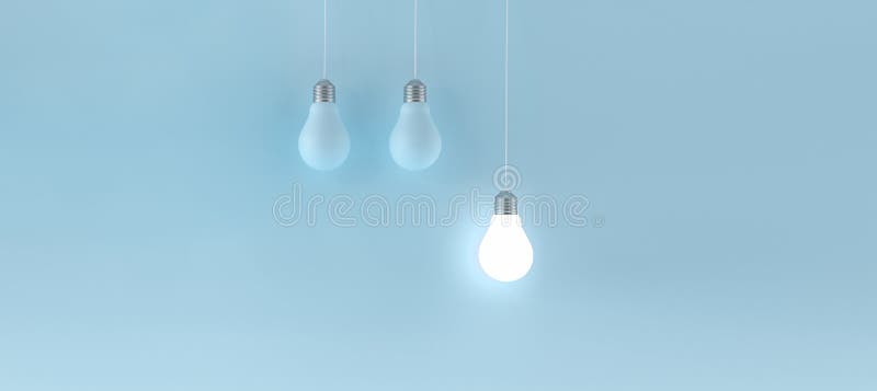 Panoramic Blue Background with Hanging Illuminated Light Bulb ...