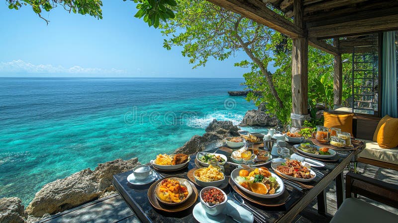 Panoramic Breakfast Table Overlooking Ocean with Luxury Dishes and ...