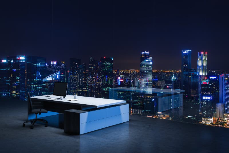 Panoramic CEO Office Interior Design at Night Stock Illustration ...