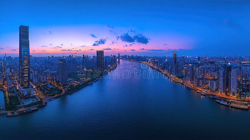Panoramic City Skyline at Dusk Over a River Stock Illustration ...