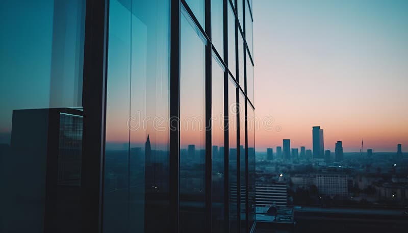 Panoramic City Skyline through Large Windows at Dawn Stock Photo ...