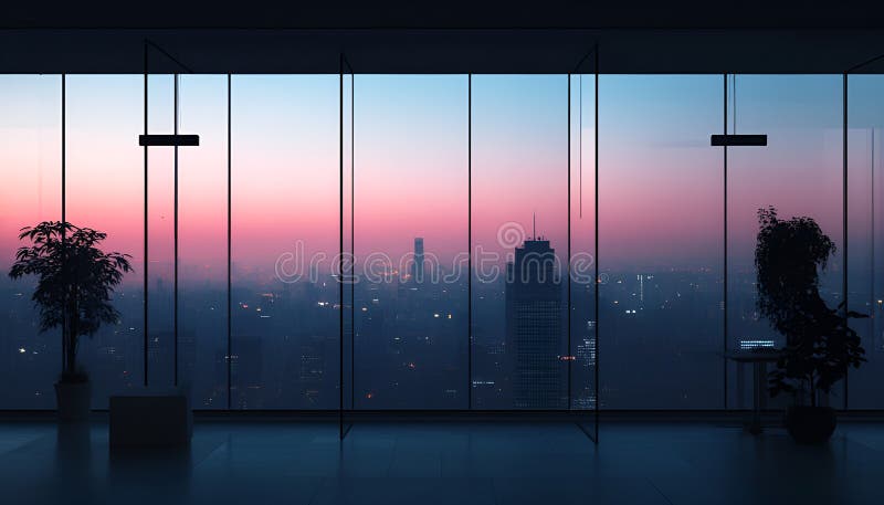 Panoramic City Skyline through Large Windows at Dawn Stock Image ...