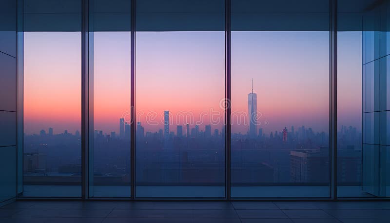 Panoramic City Skyline through Large Windows at Dawn Stock Image ...