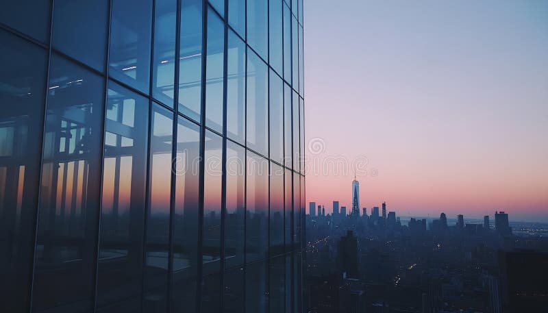 Panoramic City Skyline through Large Windows at Dawn Stock Image ...