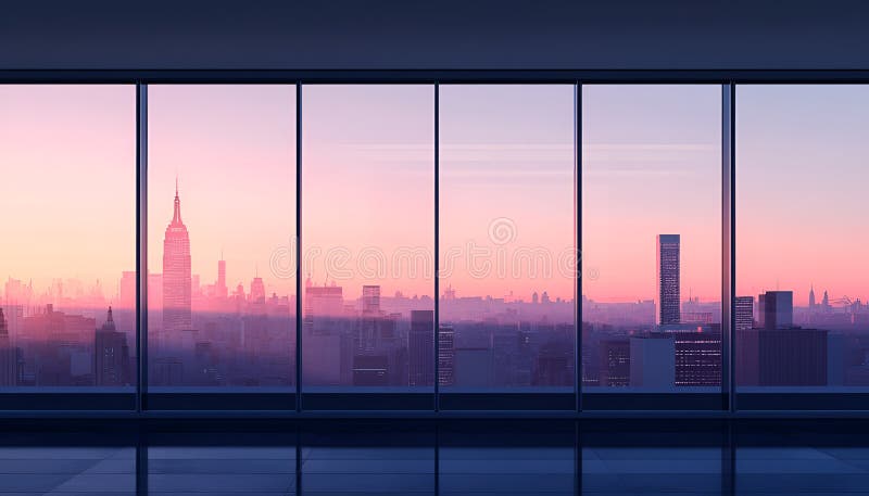 Panoramic City Skyline through Large Windows at Dawn Stock Image ...