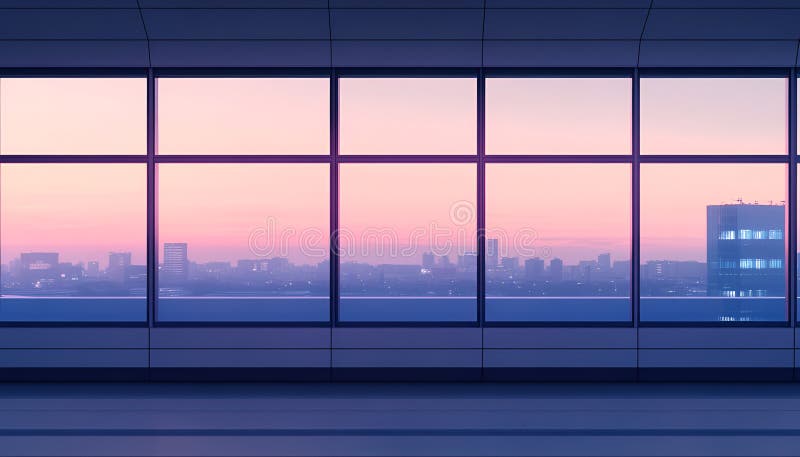 Panoramic City Skyline through Large Windows at Dawn Stock Image ...