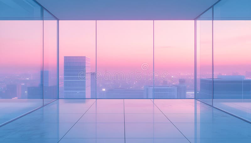 Panoramic City Skyline through Large Windows at Dawn Stock Image ...