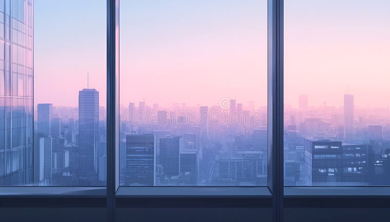 Panoramic City Skyline through Large Windows at Dawn Stock Image ...