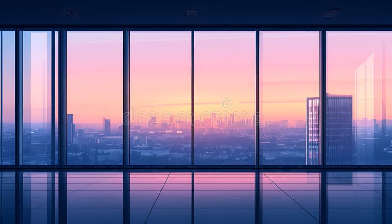 Panoramic City Skyline through Large Windows at Dawn Stock Photo ...
